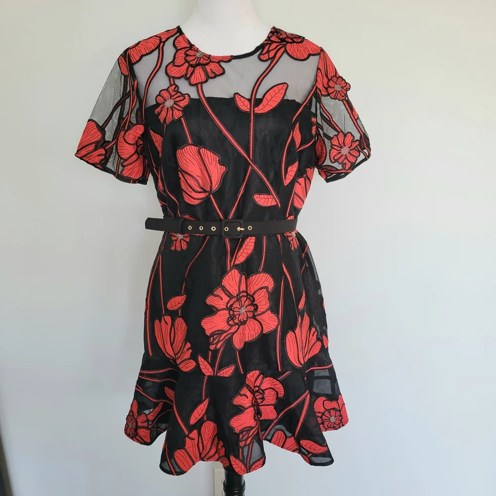 Milly | Dresses | Nwt Milly Revolve Rosie Black Red Floral Flared ...